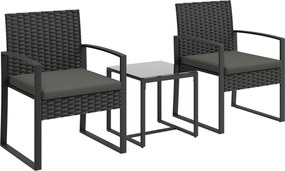 Ratanový bistro set, 3dílná sada zahradního nábytku se 2 zahradními židlemi, konferenčním stolkem, odnímatelnými polštáři tmavě šedá
