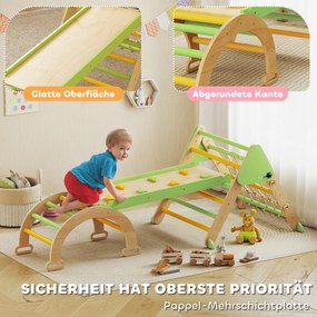 montessori prolézačka 8 v 1 vnitřní dřevěný lezecký trojúhelník s lezeckým obloukem, oboustranná skluzavka, zelená barva