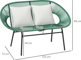 Outsunny zahradní lavička pro 2 osoby z oceli a syntetického lana s 2 polštářky - rozměry 132D x 72Š x 83V cm - tmavě zelená