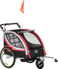 Dětský přívěs na kolo HOMCOM 2 v 1 s odpružením, síťovanými dvířky, předním kolem otočným o 360° a brzdou, červeno-černý, 142x75x101cm