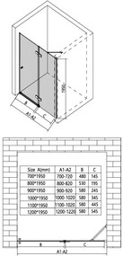 Erga Bern, 1-křídlé dělené sprchové dveře do otvoru 110x195 cm, 6mm čiré sklo, černý profil, ERG-V02-BERN-D110-BK