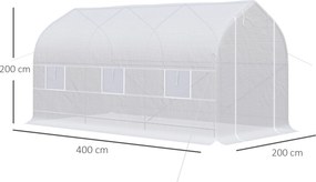 Zahradní skleník Outsunny 4x2x2 m tunelového typu s 6 větracími okny a rolovacím zipovým dveřmi pro pěstování rostlin a zeleniny, bílý