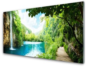 Obraz na skle Vodopád Jezero Příroda 120x60 cm