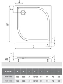 Čtvercová sprchová vanička z litého mramoru ALOHA-M 30 mm S 900 × 900 8000154