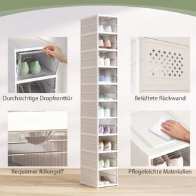 HOMCOM Sada 10 skládacích botníků, stohovatelné plastové úložné boxy na boty s víky, úložný prostor pro boty až do velikosti 43, bílá, 26x35x174cm