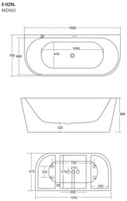 Aplomo Mono volně stojící akrylátová vana, standardní okraj Délka vany: 150cm