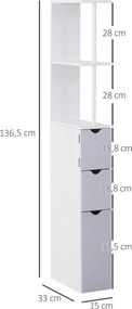 HOMCOM Moderní koupelnový sloupek – úložná skříňka s 2 policemi, 2 šuplíky a 1 protiskluzovými dvířky 15x33x136,5 cm Bílá