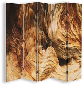 Ozdobný paraván, Vlnovková abstrakce se dřevem - 180x170 cm, pětidílný, obustranný paraván 360°