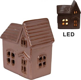 Hnědo-růžový keramický svítící LED domek - 10*6*11 cm