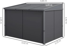 Outsunny pergola 3,65 x 2,55 m, pavilon s posuvnou střechou a závěsy, zastřešení terasy na zahradě a dvoře, hliník a kov, tmavě šedá |