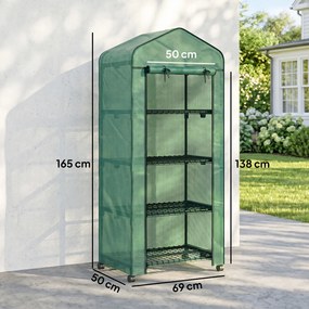 Fóliový skleník Outsunny s rolí, skleník se 4 policemi, fóliový skleník s ocelovým rámem, pro zahradu, balkon 69 x 50 x 165 cm, zelený
