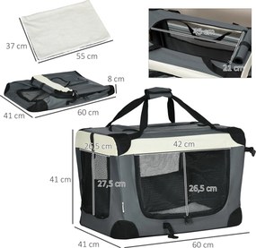 Skládací dopravka pro psy PawHut 60x41x41 cm s okny, měkkým polštářem a 2 ramenními popruhy, taška pro mini psy a kočky, šedá