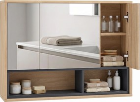 HOMCOM koupelnový nábytek se zrcadlem, závěsná WC skříňka se 3 dveřmi a 8 přihrádkami, dub