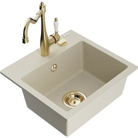 Mexen Milo, granitový dřez 435x410x171 mm, 1-komorový a dřezová baterie Carla, béžová, 6505-69-670700-50