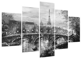 Obraz černobílé krajiny s Eiffelovou věží (150x105 cm)