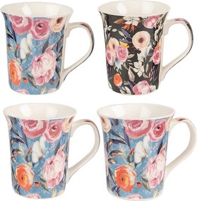Sada 4ks modrý a černý porcelánový hrnek s květy - 12* 8*10 cm / 300 ml