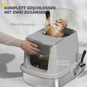 PawHut krytá nerezová kočičí toaleta s horním otevíráním, dvojím vstupem, lopatkou, vysokými stěnami, odolná proti prosakování, proti zápachu, snadno…