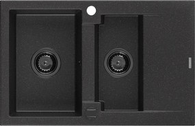 Mexen Gaspar, granitový dřez 737x475x177 mm, 1,5-komorový, černá-stříbrná metalíza s černým sifonem, 6507731505-73-B