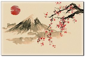 Obraz na plátně - Tradiční sumi-e obraz: sakura, slunce a hory 1271FA (75x50 cm)