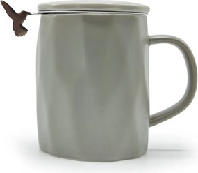 Šedý porcelánový hrnek Lilie, 350 ml – se sítkem, víčkem a kolibříkem