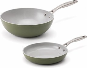 Elmich Základní sada keramických pánví Zen 2 ks – klasická + wok, olivově zelená