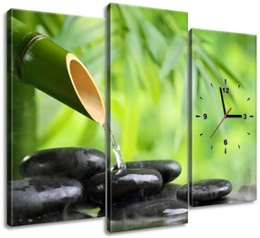 Gario Obraz s hodinami Bambusový pramínek a kameny - 3 dílný Rozměry: 80 x 40 cm