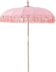 Růžový slunečník s dřevěnou tyčí a třásněmi Bobbi Pink - ∅ 200*260 cm