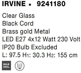 Nova Luce Závěsné svítidlo IRVINE čiré sklo černý kabel mosazný zlatý kov E27 4x12W