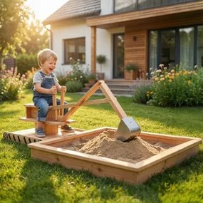 Pískoviště AIYAPLAY pro děti ze dřeva s bagrem, dětské pískoviště s 360° otočným sedadlem a výstelkou 184x90x56 cm přírodní