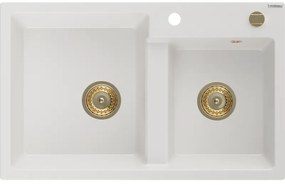 Mexen Tomas žulový dřez 2 komorový 800 x 500 mm, bílý, zlatý sifon - 6516802000-20-G