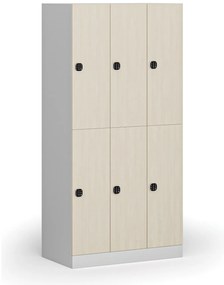 Šatní skříňka S1 s úložnými boxy, 6 boxů, 1850 x 900 x 500 mm, kódový zámek, laminované dveře, bříza