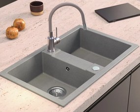 Šedý dvoukomorový kuchyňský granitový dřez QUADRON DENZEL 120 bez baterie