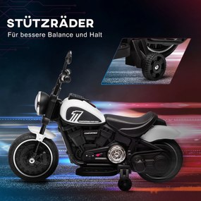 Dětská motorka HOMCOM - Elektrická motorka pro děti s 2 odnímatelnými tréninkovými koly, 3 km/h, pro děti od 1,5 do 3 let, Bílá, 76 x 42 x 57 cm