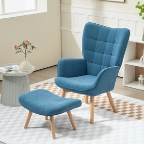 HOMCOM Křeslo s taburetem, křídlové křeslo s vysokým opěradlem, dřevěné nohy, lounge křeslo s čalouněným vzorem, manšestrový vzhled, do obývacího pok…
