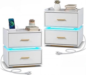 Costway Sada 2 nočních stolků s nabíjecí stanicí LED 2 zásuvkami moderní
