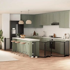 Zábrana pro psy s dvířky skládací 6 panelů černá 480 cm topol 3155629