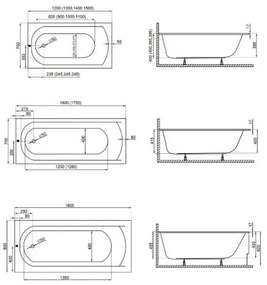 Polimat Akrylátová obdélníková vana Classic Slim 120x70 (130x70, 140x70, 150x70, 150x75, 160x70, 170x70, 170x75, 180x80) Barva: Bílá, Rozměry (cm): 170x70