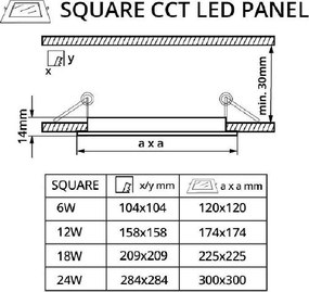 T-LED Černý vestavný LED panel hranatý 174 x 174mm 12W 24V CCT 102213