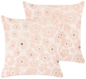 Sada 2 sametových polštářů s květovaným vzorem 45 x 45 cm béžové/růžové TRITELEIA Beliani