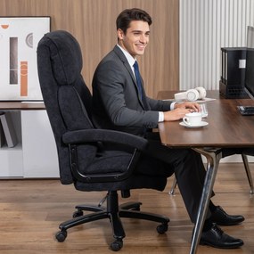 HOMCOM ergonomická kancelářská židle s vysokým opěradlem (nosnost 200 kg) – látka vzhled lnu, nastavitelná výška, houpání, široké sedadlo, černá