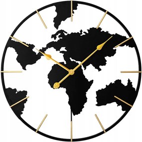 Velké Černé Kovové Nástěnné Hodiny Mapa Světa Mpm E04.4484.90 60 cm