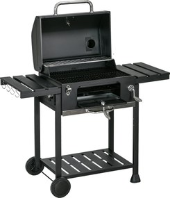 Outsunny Uhlový Gril, Kempingový Gril se dvěma rošty, Skládací Postranní Stůl, Grilovací Vozík s Policí, BBQ Rukojeť, Nerezová ocel, Černá, 120 x 64 x