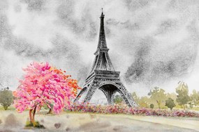 DIMEX | Samolepicí vliesová fototapeta na zeď Malba - Eiffelova věž MA-5-2019 | 375 x 250 cm | bílá, černá, šedá, růžová