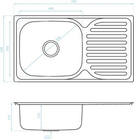 Kuchinox Orion, 1-komorový nerezový dřez 760x420x175 mm s odkapávačem, drážkovaný dekor, ocelová, LAV-SKO_311T