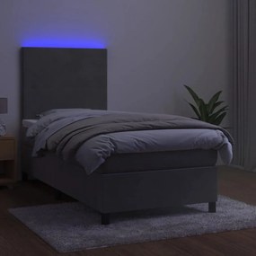 Box spring postel s matrací a LED světle šedá 90x200 cm samet 3135981