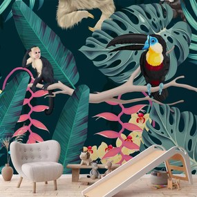 Fototapeta Lenochod a opice - exotická džungle s ptáky na tmavém pozadí