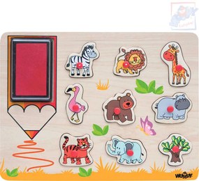 WOODY DŘEVO Puzzle vkládací razítka exotická zvířátka 2v1 *DŘEVĚNÉ HRAČKY* 91185