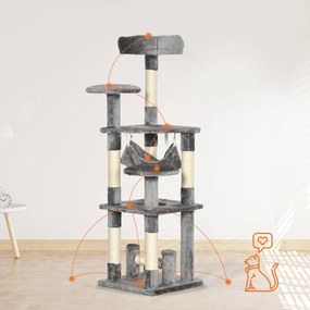 PawHut Kočičí strom Škrabací sloupek Kočičí hrací věž Kočičí šplhací strom Škrabací sloupek Houpací síť Šedá L40 x Š40 x V132 cm