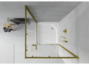 Mexen Rio, čtvercový sprchový kout s posuvnými dveřmi 90 (dveře) x 90 (dveře) x 190 cm, 5mm čiré sklo, zlatý profil + bílá sprchová vanička RIO, 860-090-090-50-00-4510