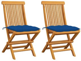 3062485 vidaXL Zahradní židle s modrými poduškami 2 ks masivní teak